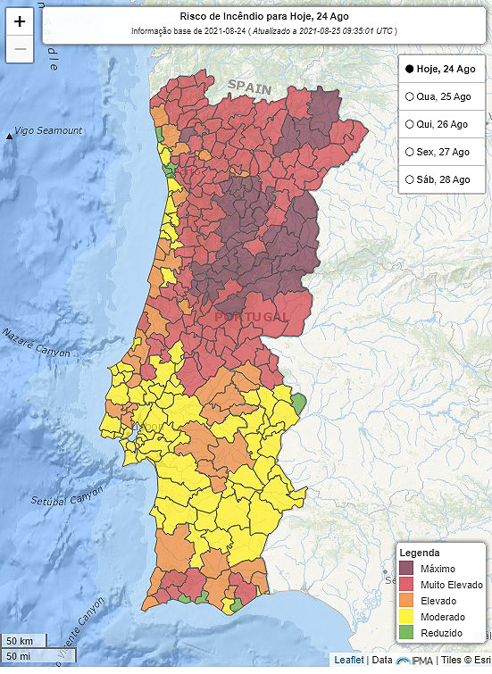 Risco de incêndios florestais está no nível máximo em Portugal